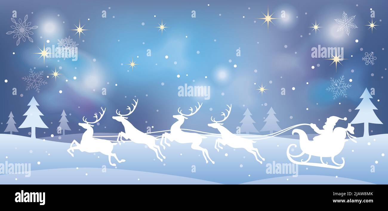 Christmas illustration with Santa Claus and reindeers flying over a ...