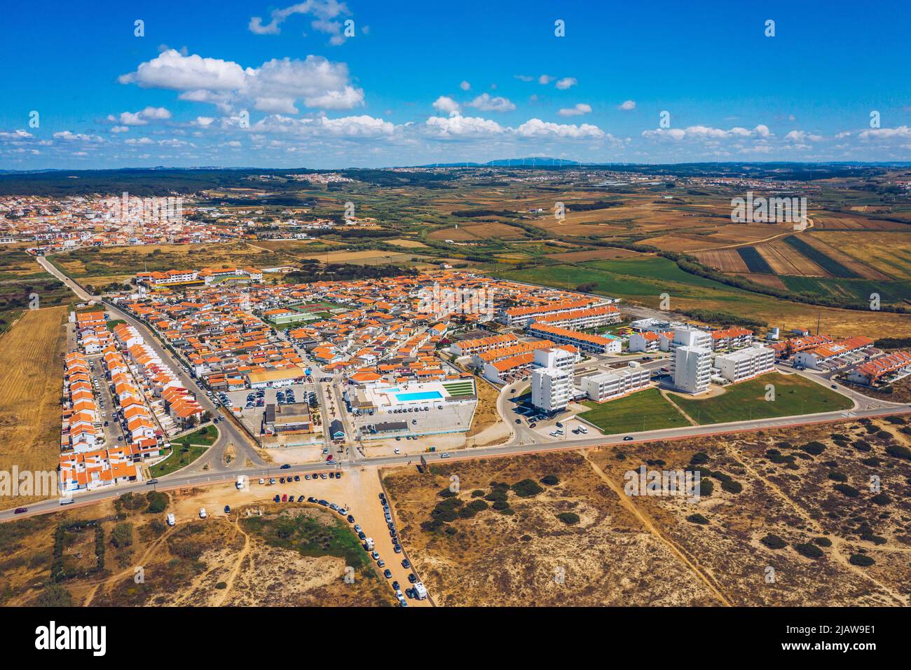 Aerial view of island Baleal naer Peniche on the shore of the ocean in ...
