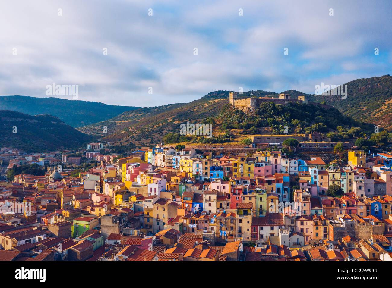Aerial view of the beautiful village of Bosa with colored houses and a ...