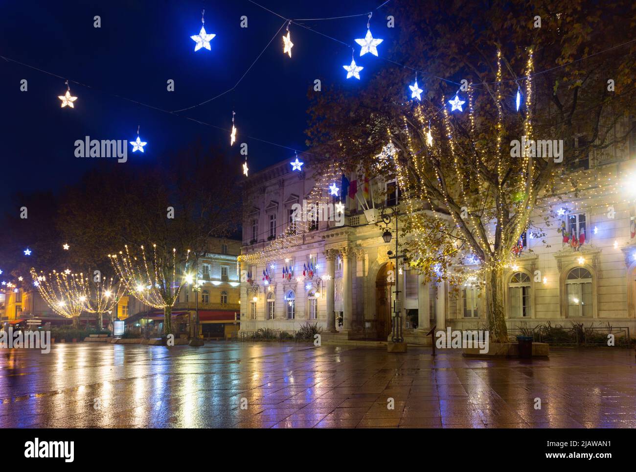 New Year's illuminated streets of Avignon at evening, France Stock ...