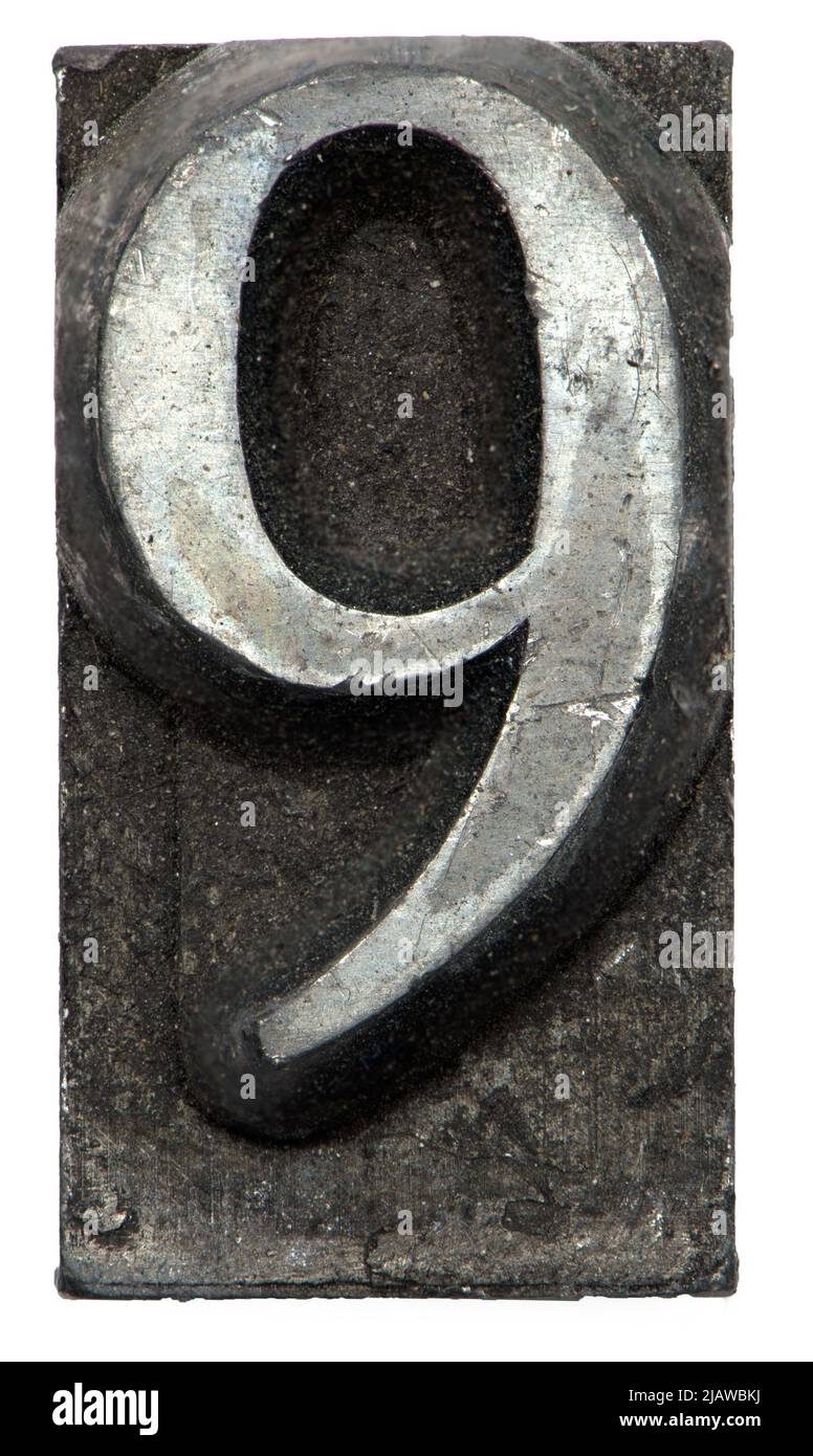 Close-up of old vintage metal lead letter number symbol 9 nine from ...