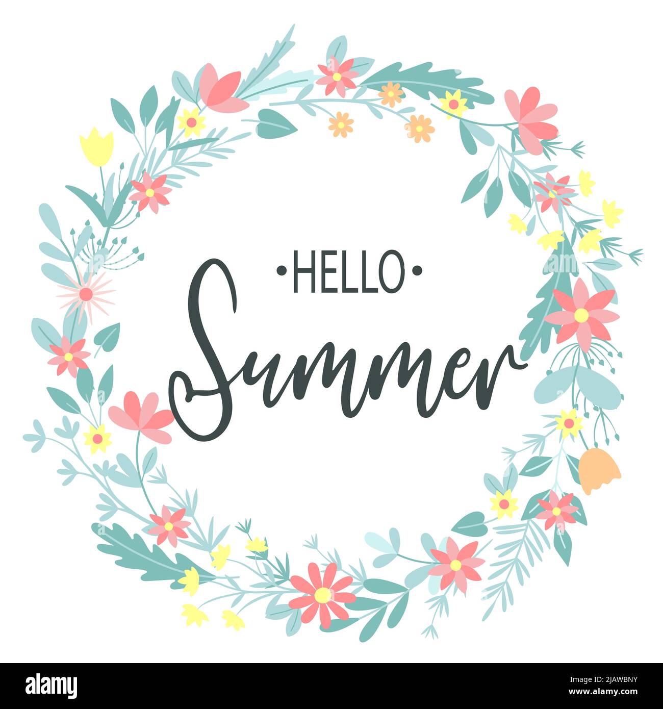 Round floral summer wreath vector illustration. Circle frame with ...