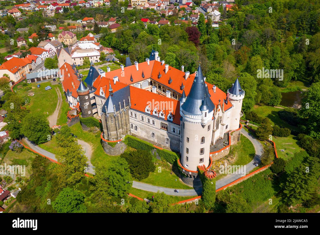 Aerial view of Zleby castle in Central Bohemian region, Czech Republic ...