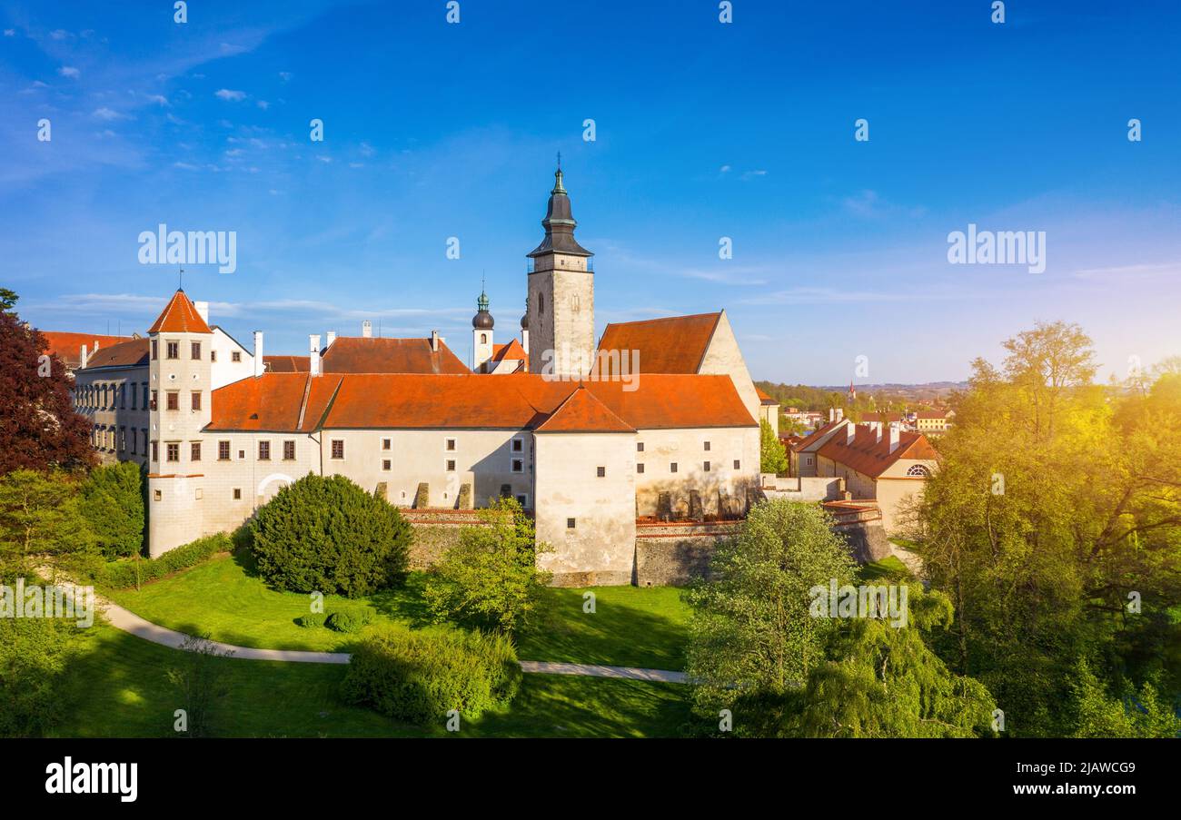 Aerial landscape of small Czech town of Telc with famous Main Square ...