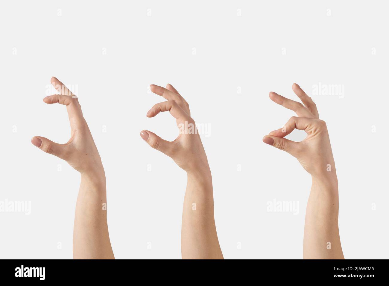 Horizontal female hands making the gesture that measuring or size or ...