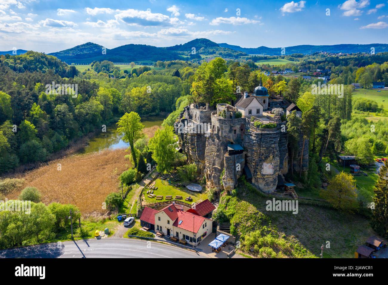 Aerial view of Sloup Castle in Northern Bohemia, Czechia. Sloup rock ...