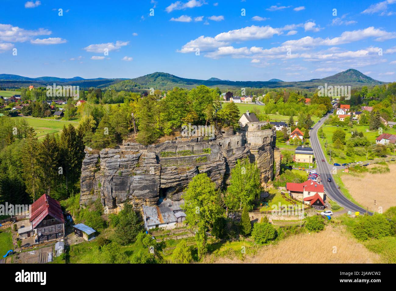 Aerial view of Sloup Castle in Northern Bohemia, Czechia. Sloup rock ...