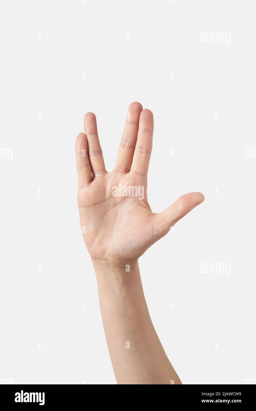 Female hand funny fingers alien peace gesture the, palm isolated on ...