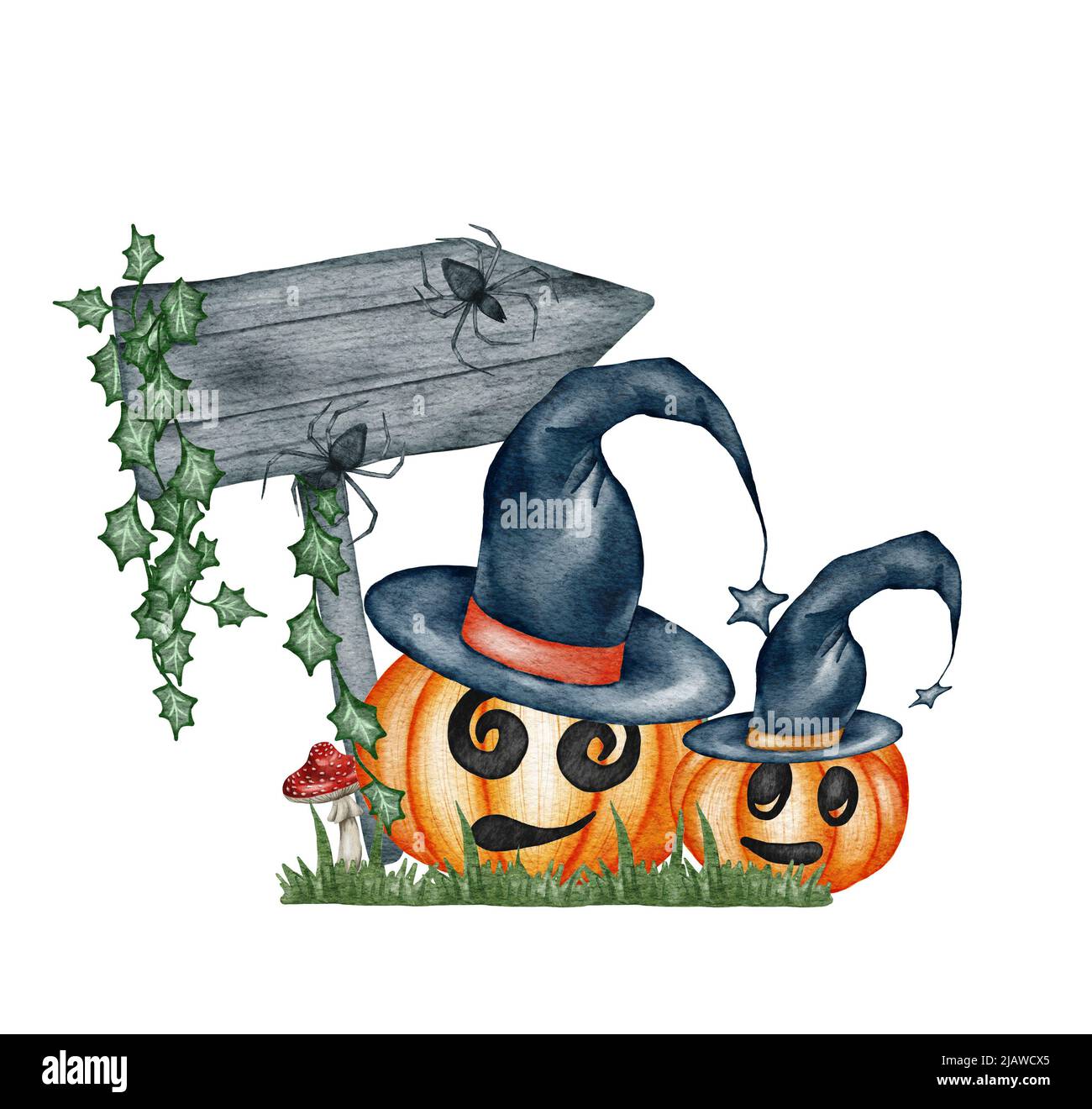 watercolor illustration, Halloween pumpkins wearing hat, party elements ...