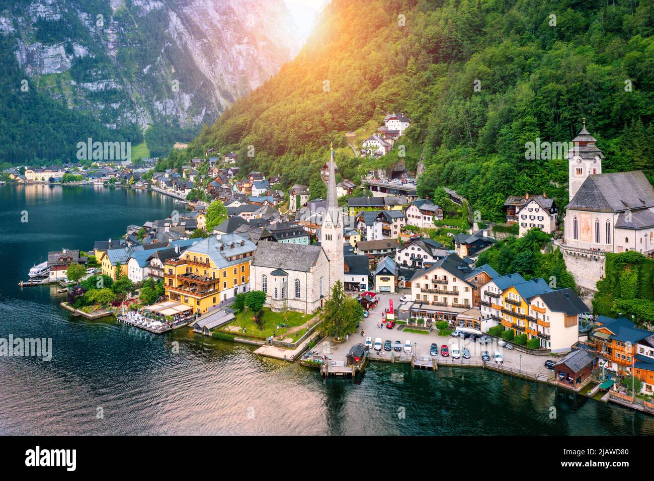 Aerial view of austrian mountain village Hallstatt and Hallstatter lake ...