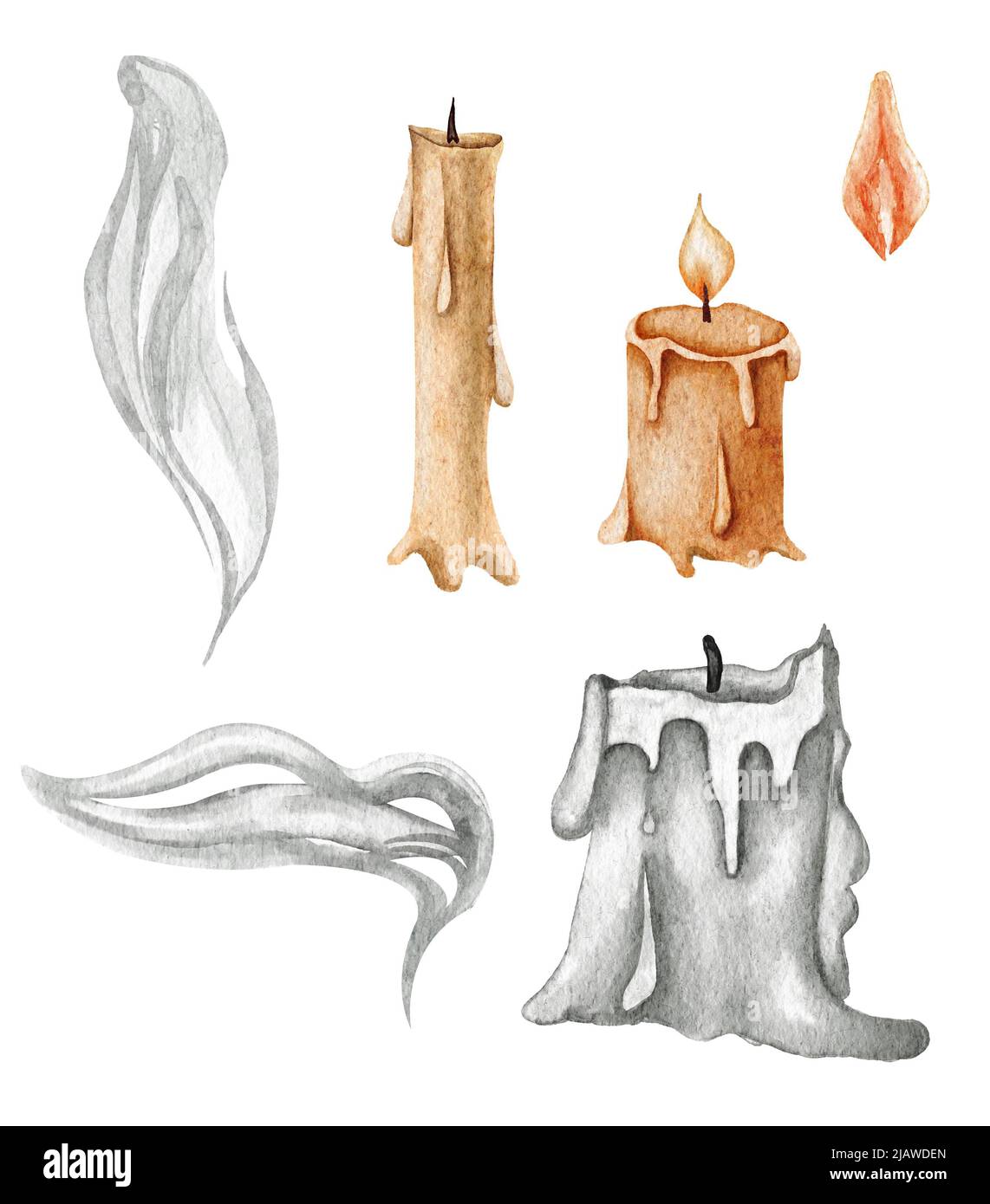 Watercolor hand drawn illustration with vintage candles and smoke on ...