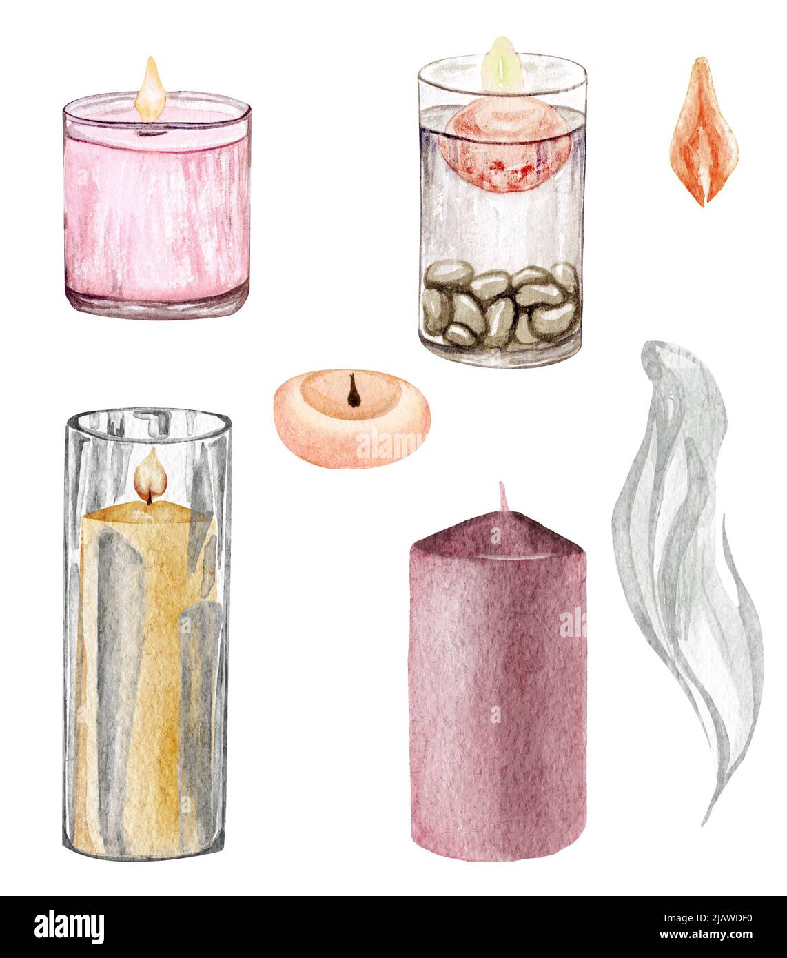 Watercolor hand drawn illustration with candles and smoke on white ...