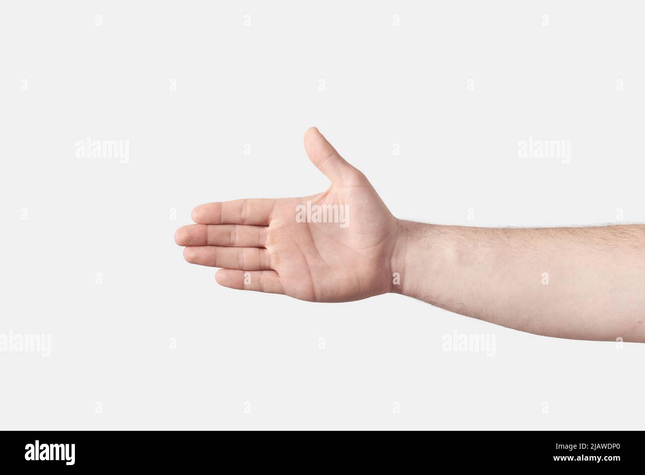 Male wide open, hand to elbow reaching to have a handshake with a thumb ...