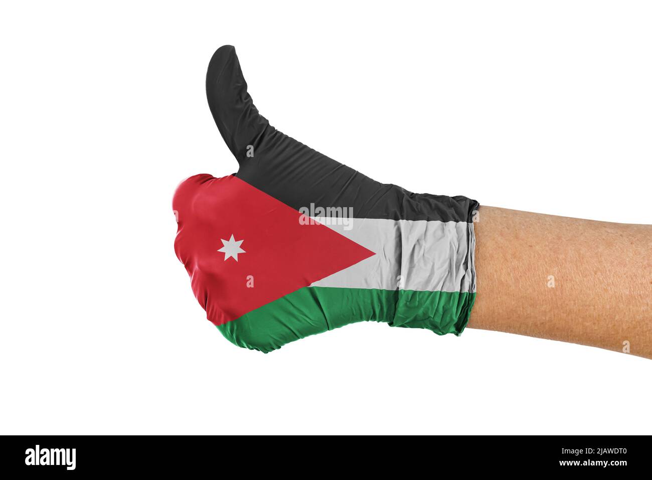 Jordan flag on a glove showing thumbs up sign Stock Photo - Alamy