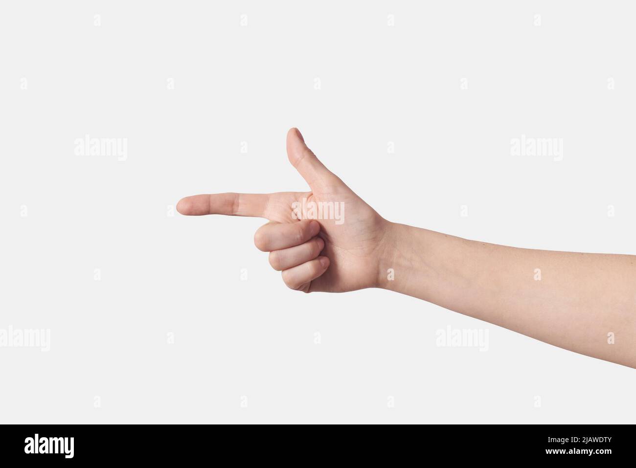 Woman hand pointing right with thumb up, sign language L letter in ...