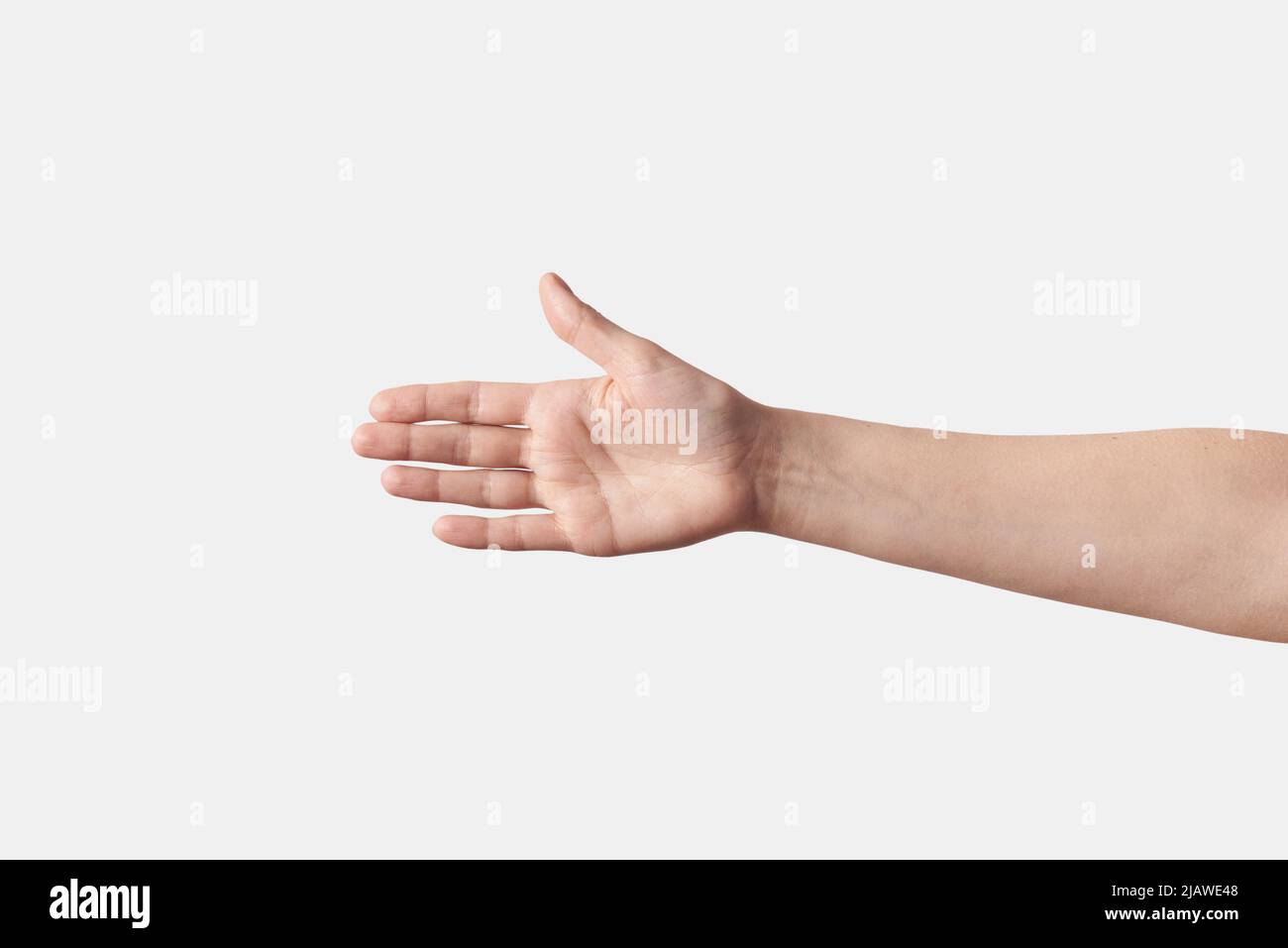 Female wide open, hand to elbow reaching for a handshake with a thumb ...
