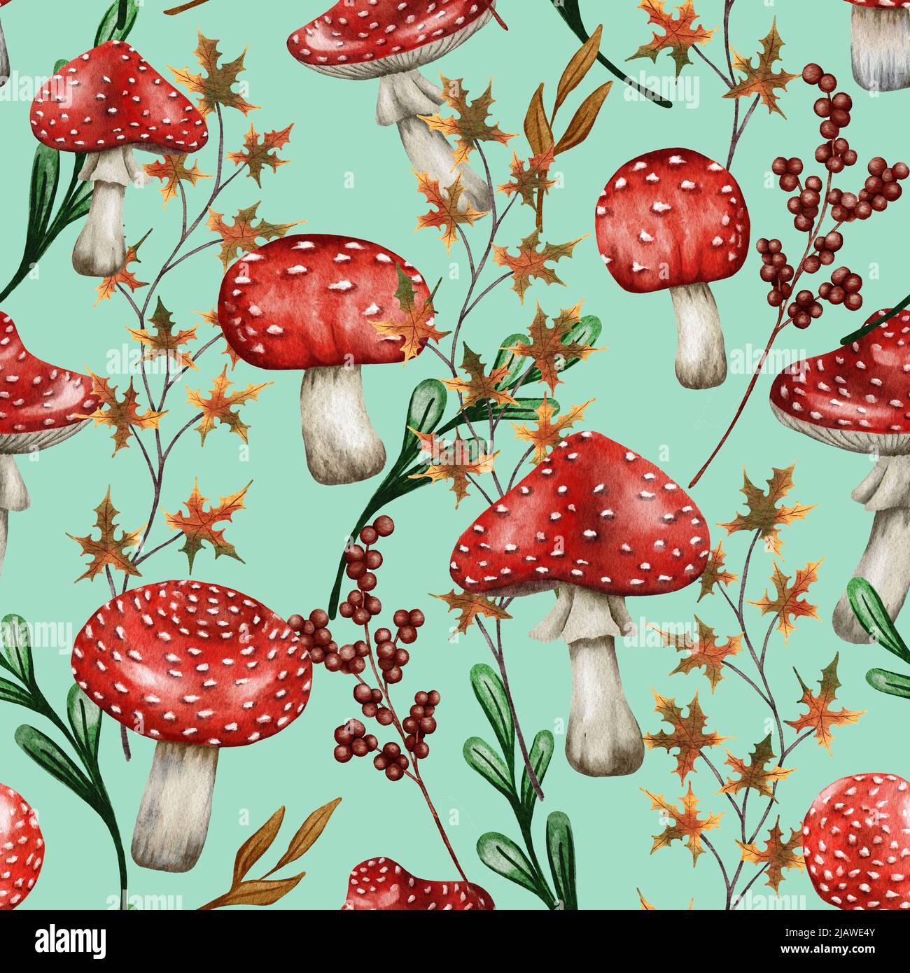 Watercolor seamless pattern nature painting. Fall poison red mushroom ...