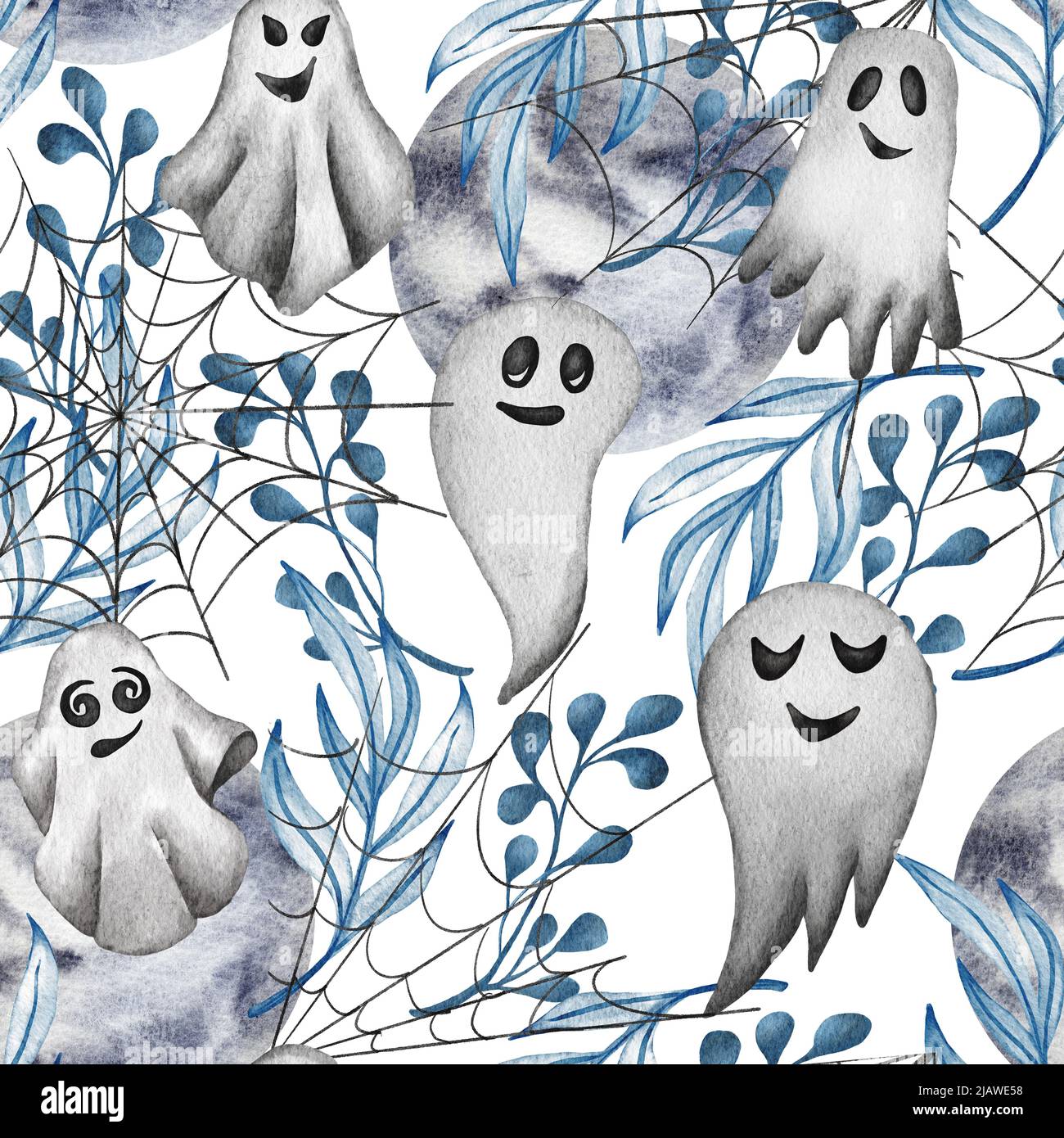 Halloween watercolor seamless pattern with ghost, moon, boo Stock Photo ...