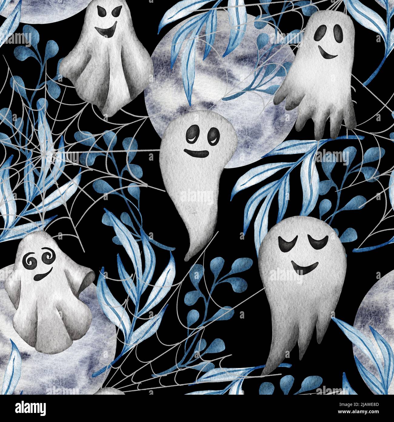 Halloween watercolor seamless pattern with ghost, moon, boo Stock Photo ...