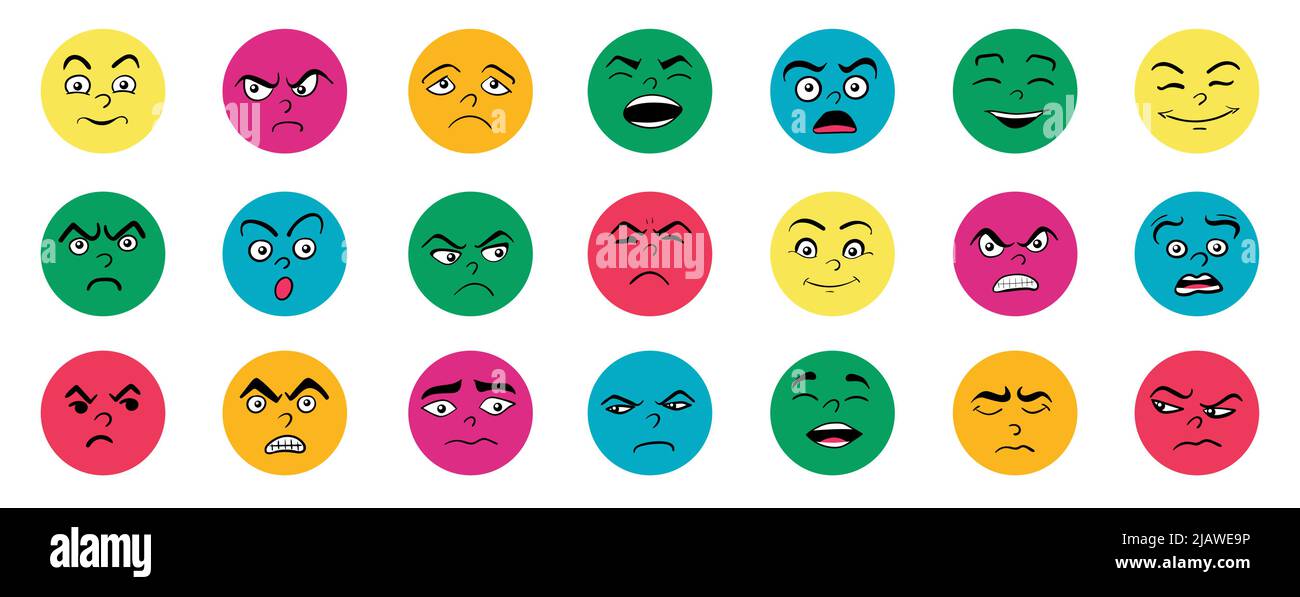 Cartoon cute and funny faces with positive and negative emotions. Comic ...