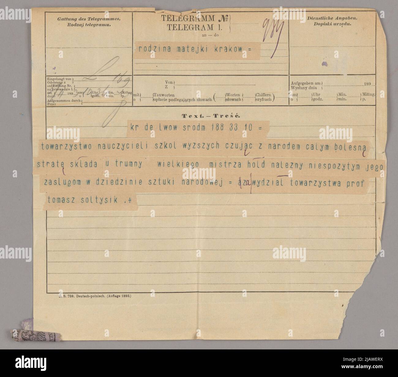 Telegram with condolences to the family of Jan Matejko unknown Stock ...