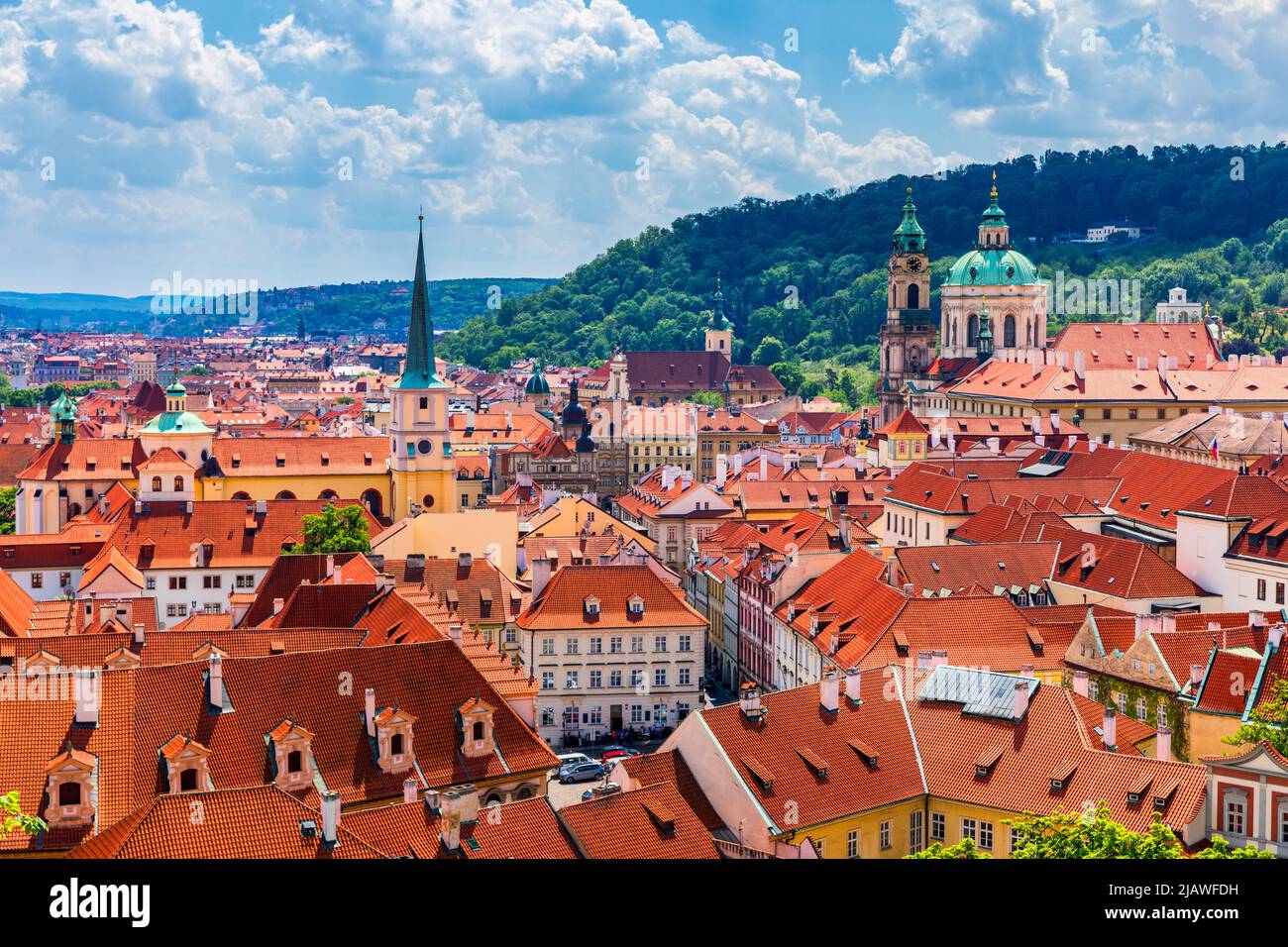 Top view to red roofs skyline of Prague city, Czech Republic. Aerial ...
