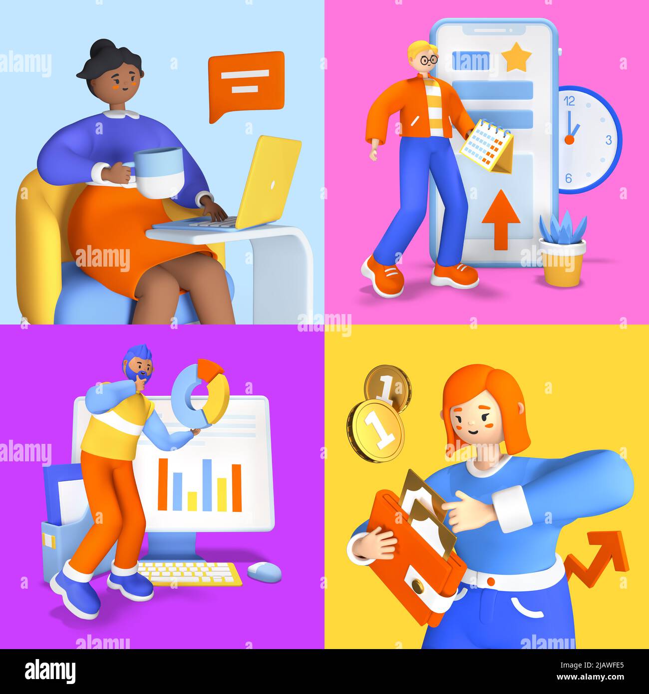 Office and remote work - realistic colorful 3d illustration. Set of ...