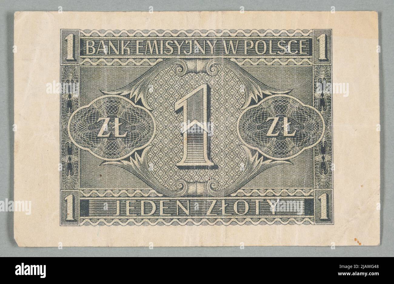 Banknote for 1 zloty, broadcasting bank in Poland, 1/08/1941. Graphic ...