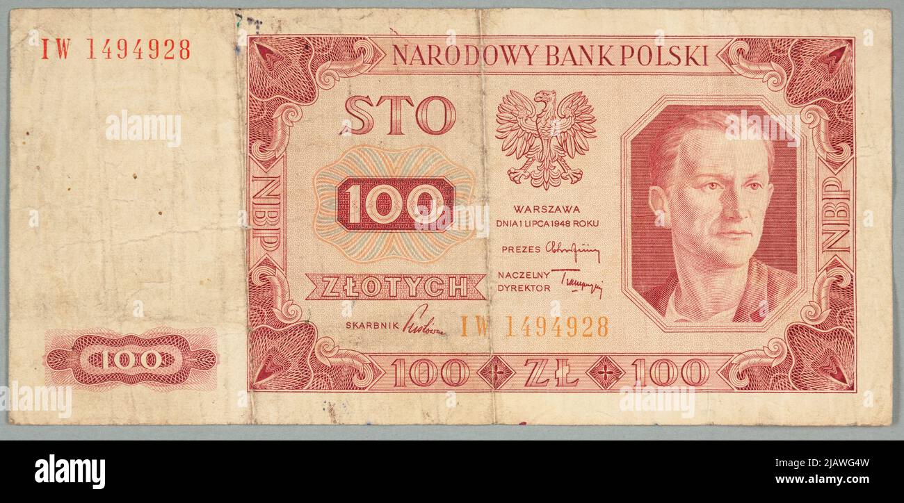 Banknote for PLN 100, National Bank of Poland, 1.07.1948; No. I and ...