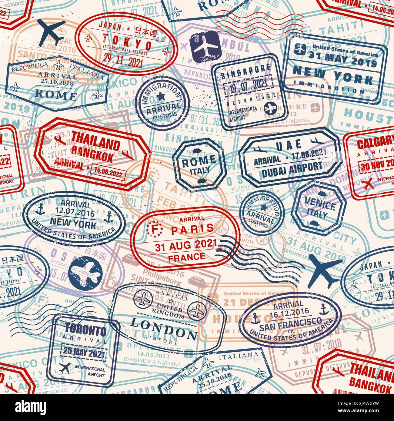 Seamless pattern passport stamps. Cool travel passport stamps vector ...