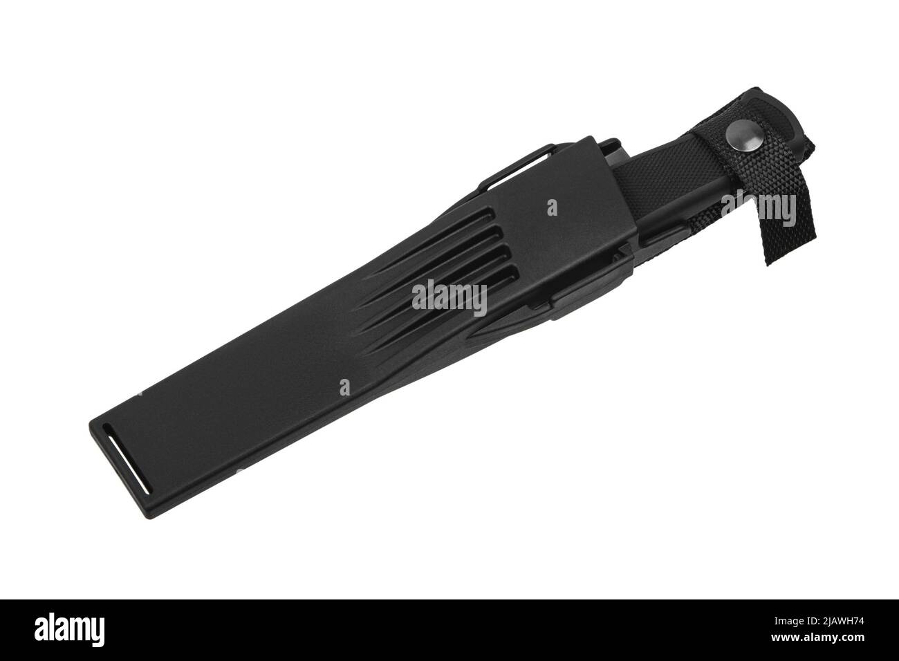 Modern hunting knife with silver blade and rubber handle. Steel arms ...