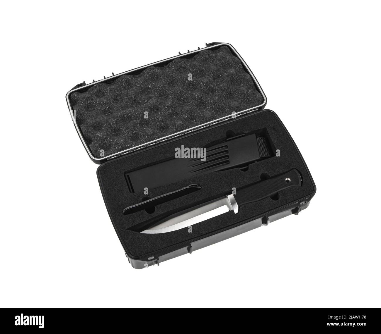 Modern hunting knife with silver blade and rubber handle. Steel arms ...