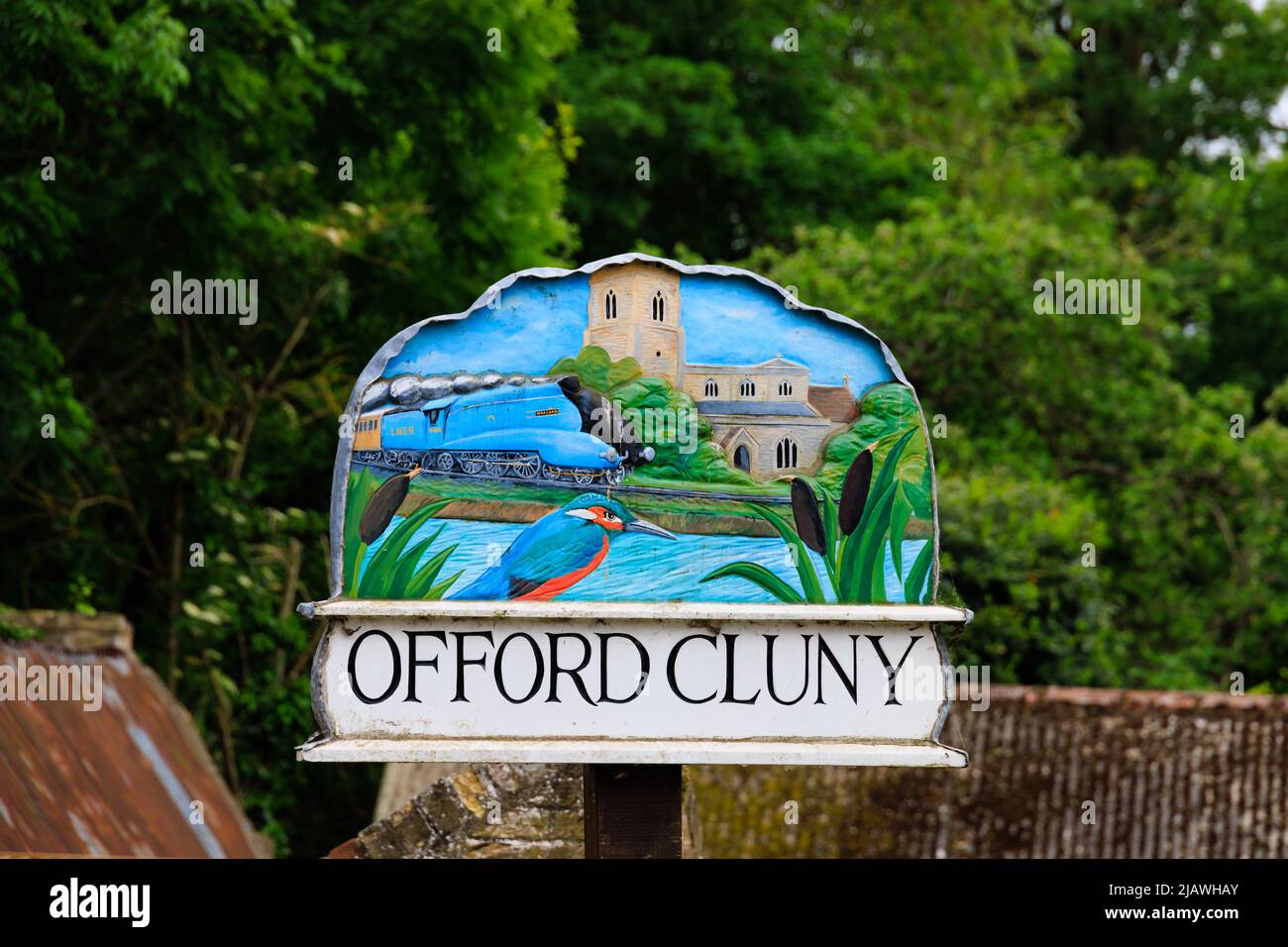 Offord Cluny village sign. Church, Kingfisher and Mallard steam train ...