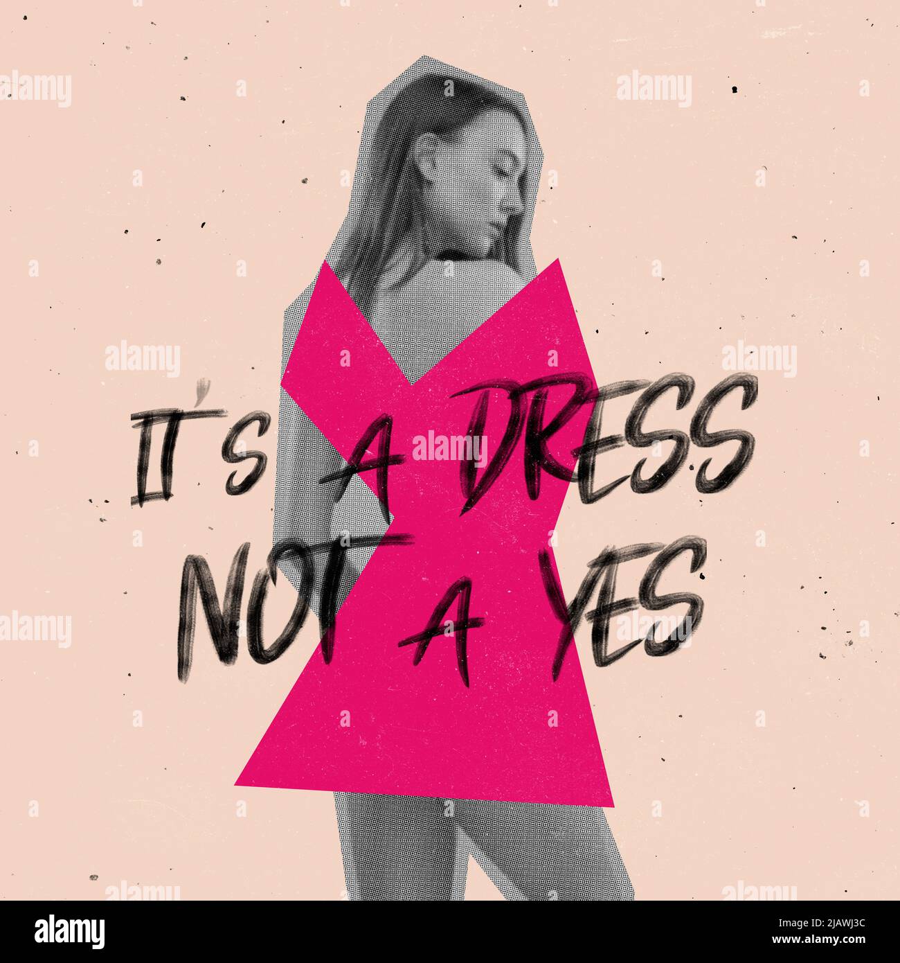 Contemporary art collage. Young woman in bright dress isolated over ...