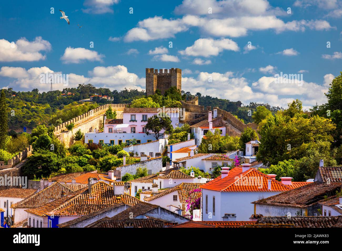 Obidos, Portugal stonewalled city with medieval fortress, historic ...