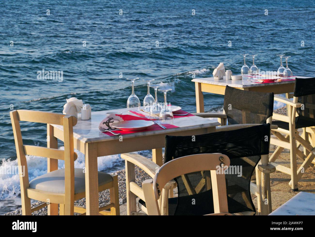 Romantic Seaside Restaurant Tables, Limnos, Greece Stock Photo - Alamy