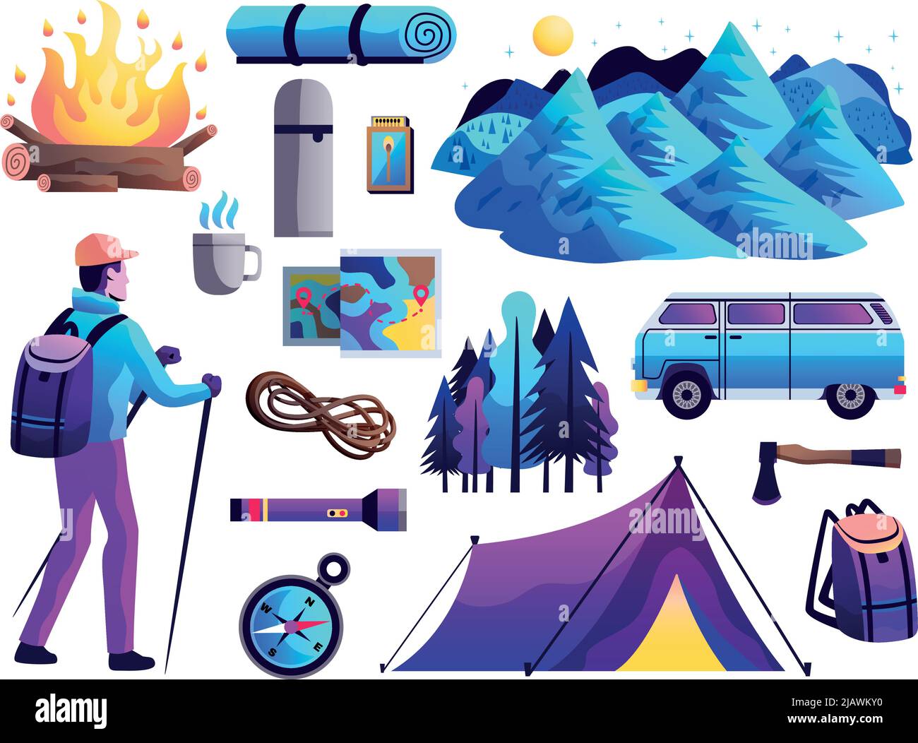Hiking camping survival trip abstract colorful icons collection with ...