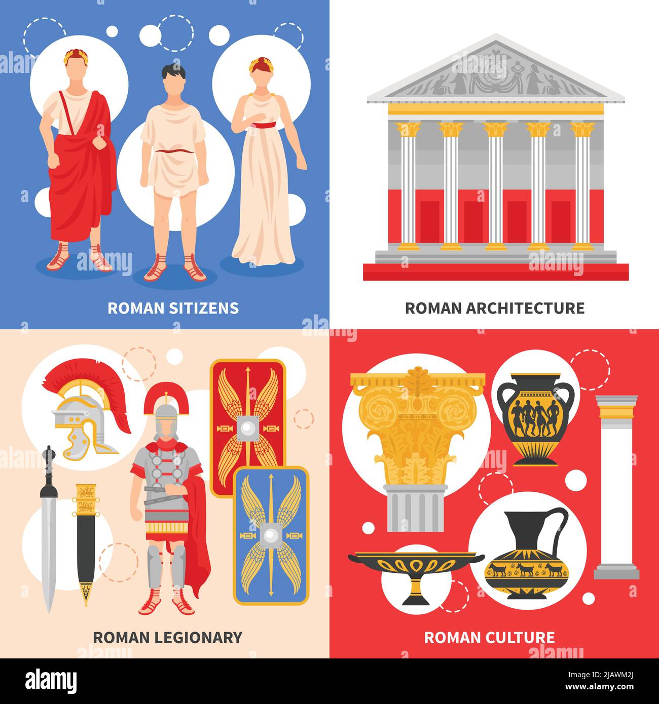 Ancient rome 4 flat icons square design concept with citizens legionary ...