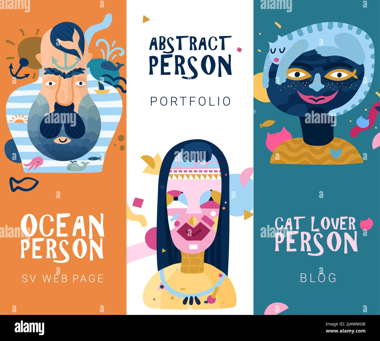 Human inner world 3 vertical abstract banners with cat lover and ocean ...