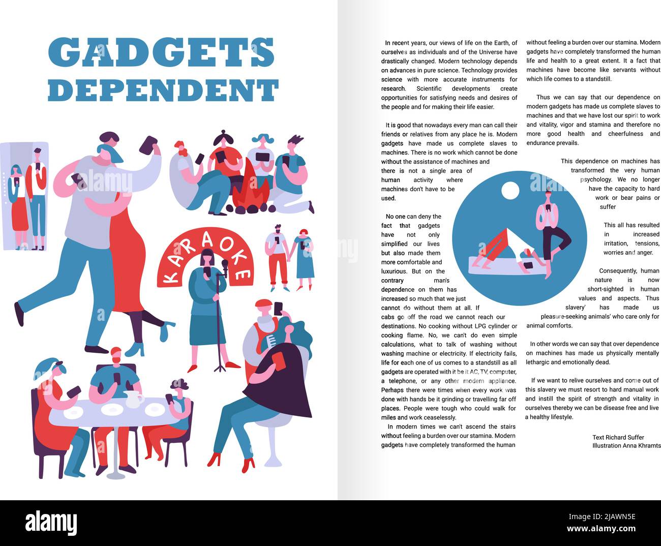 Gadgets dependent infographics layout with people constantly using ...