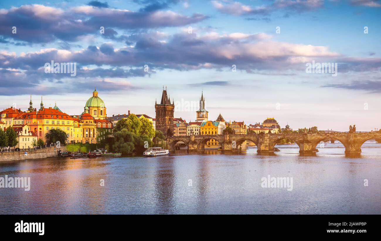 Prague Scenic spring sunset aerial view of the Old Town pier ...