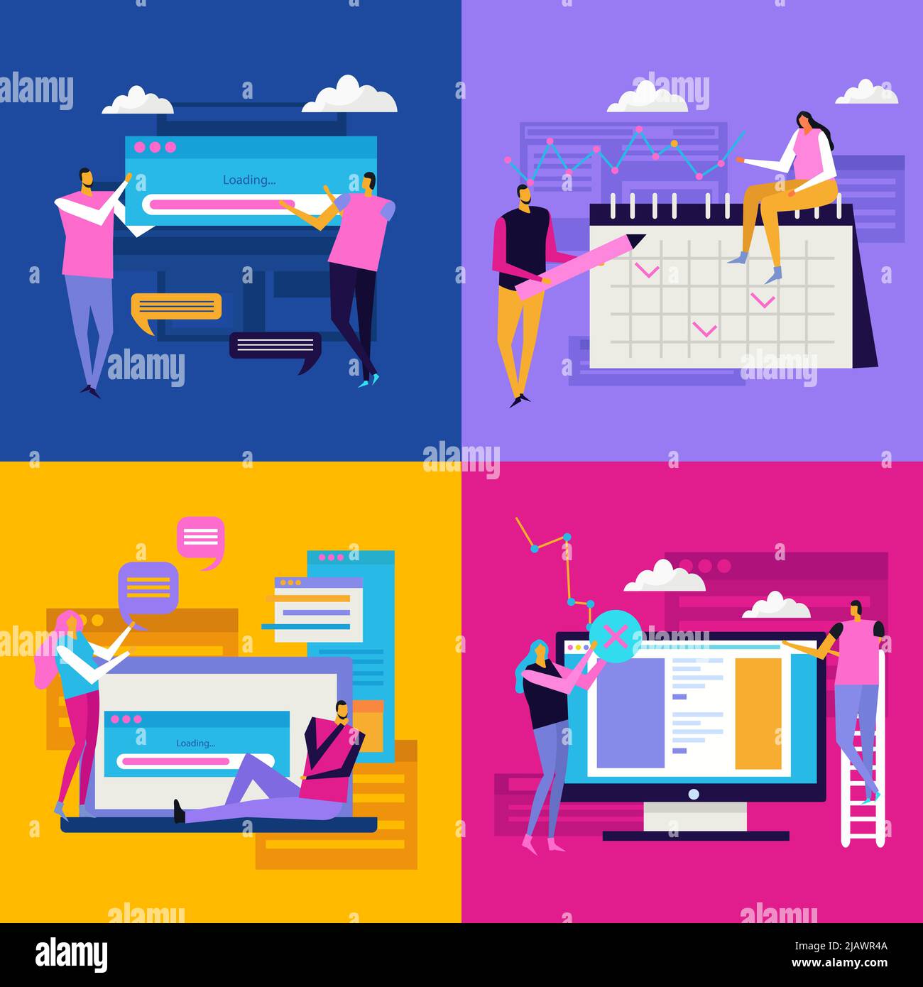 People and interfaces flat 2x2 design concept with compositions of ...
