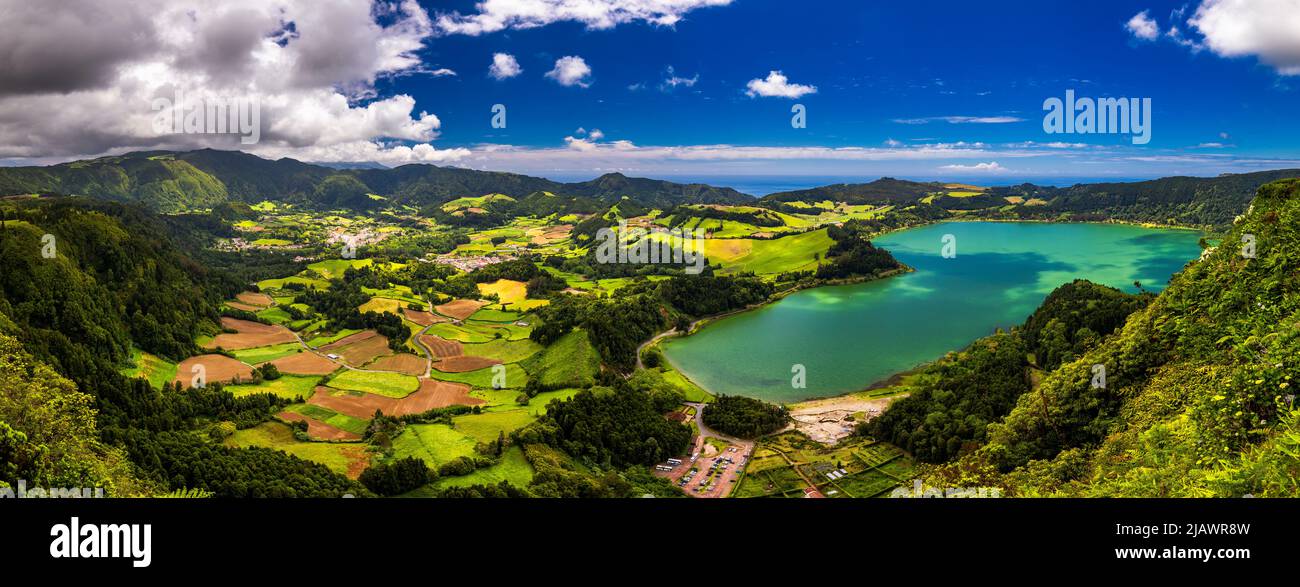 Aerial view of Lagoa das Furnas located on the Azorean island of Sao ...
