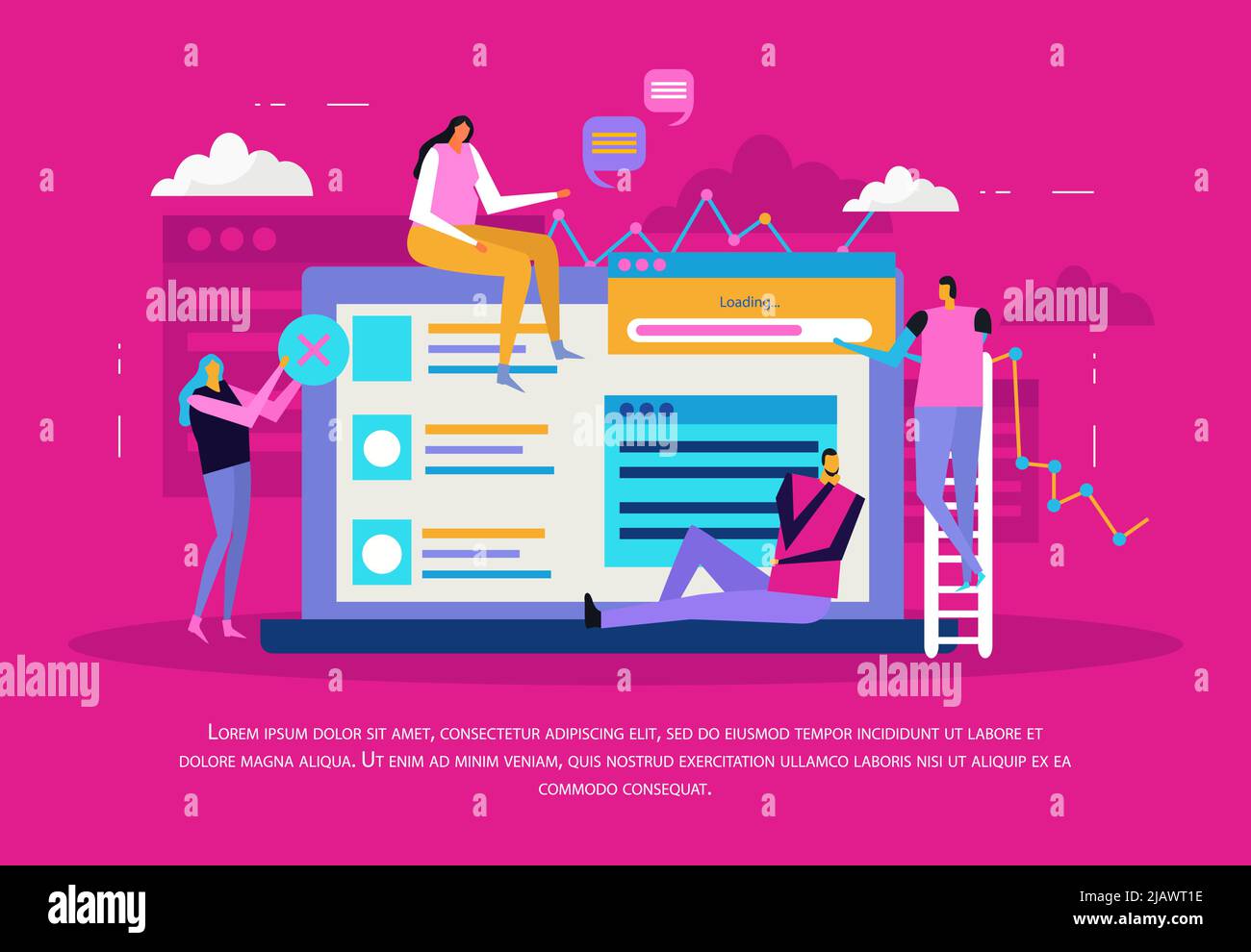 People and interfaces flat composition with laptop computer screen ...