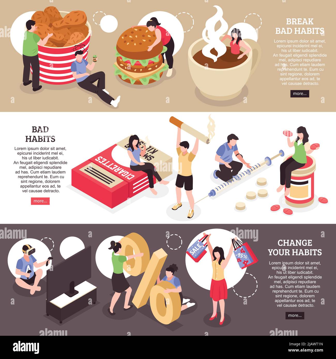 Set of isometric horizontal banners food abuse smoking and drug ...