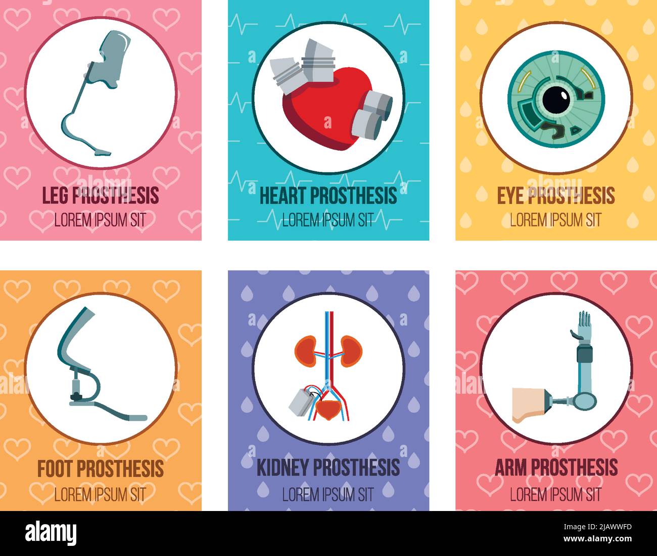 Orthopedic medical prothesis flat cards collection with artificial kidney eye implants and ...