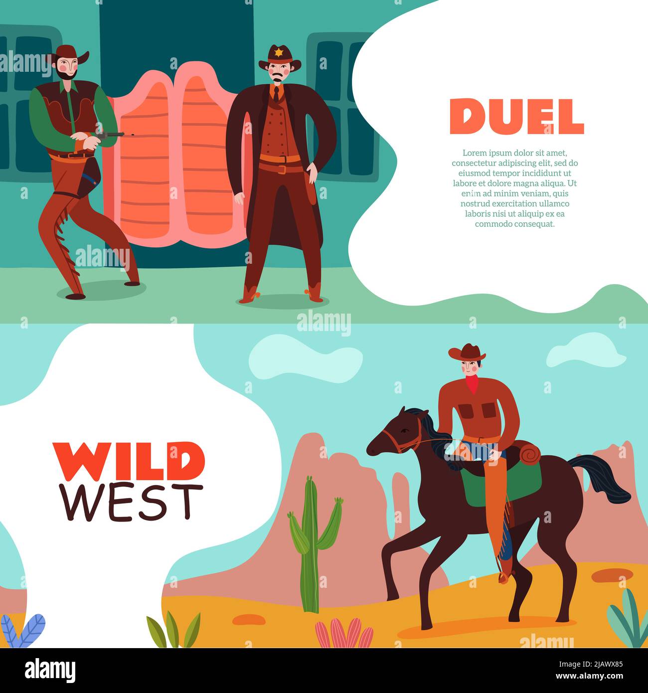 Wild west cowboy banners collection of two horizontal compositions with ...