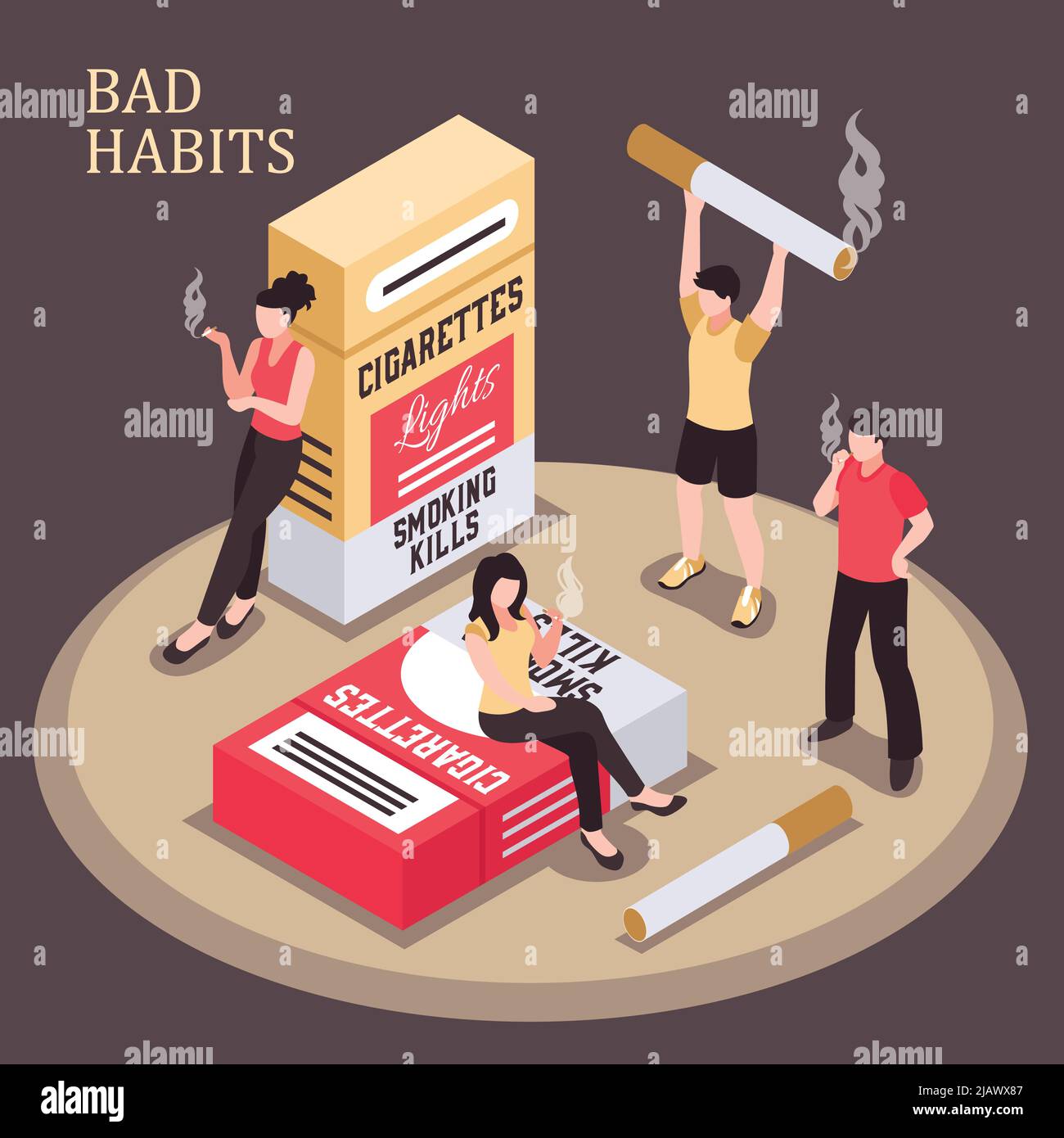 Smoking addiction isometric composition men and women with burning ...