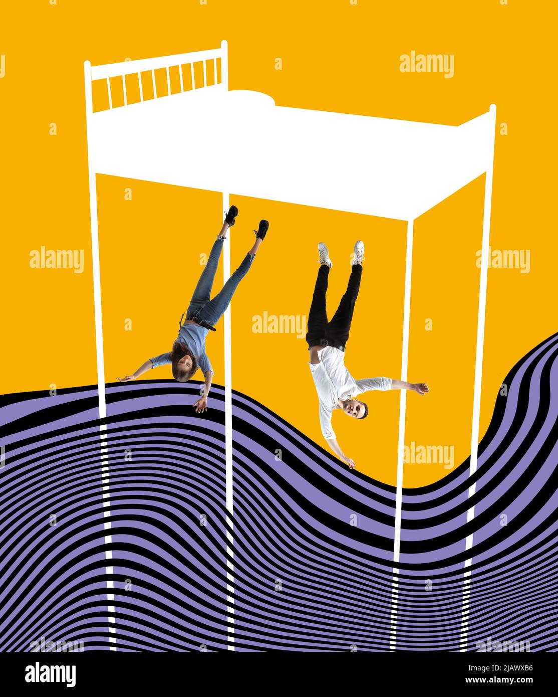 Two people fall into dream, fly and soar in dreams and in invented ...