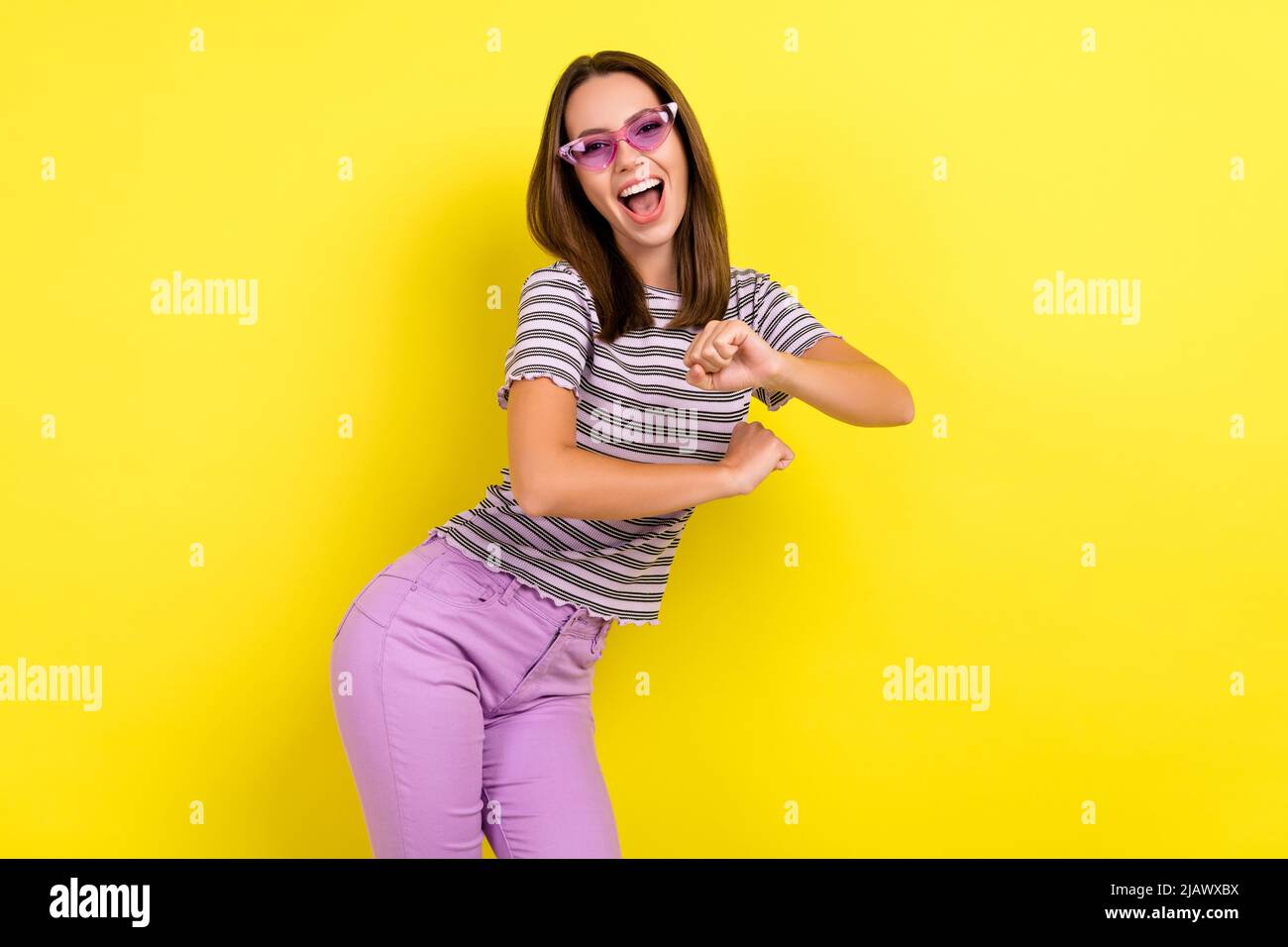 Photo of funny young brunette lady dance wear eyewear white t-shirt ...